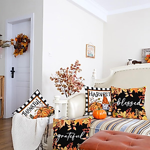 GEEORY Fall Decorative Throw Pillow Covers 18 x 18 Inch Set of 4, Thankful Grateful Blessed Harvest Pumpkin Gnome Thanksgiving Fall Decor Outdoor Farmhouse Pillow Cases for Home Couch G345-18