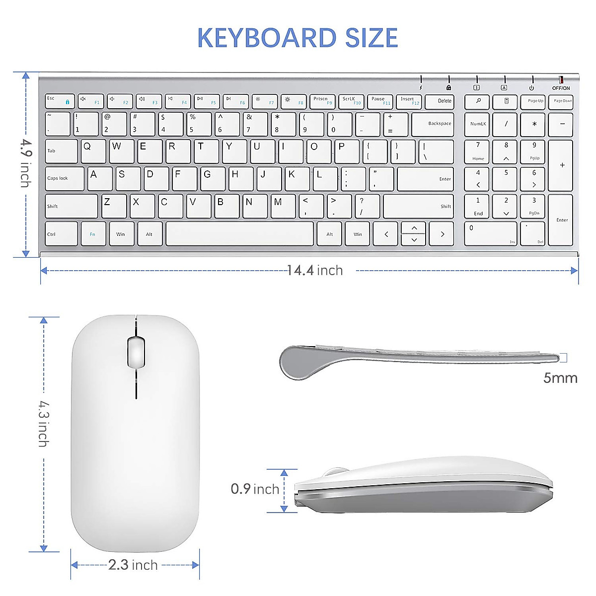 seenda Rechargeable Wireless Keyboard Mouse, Ultra Thin Low Profile Wireless Keyboard and Mouse with Number Pad, Quiet Portable Combo Compatible for Windows XP/7/8/10/11/11 Pro, Silver White