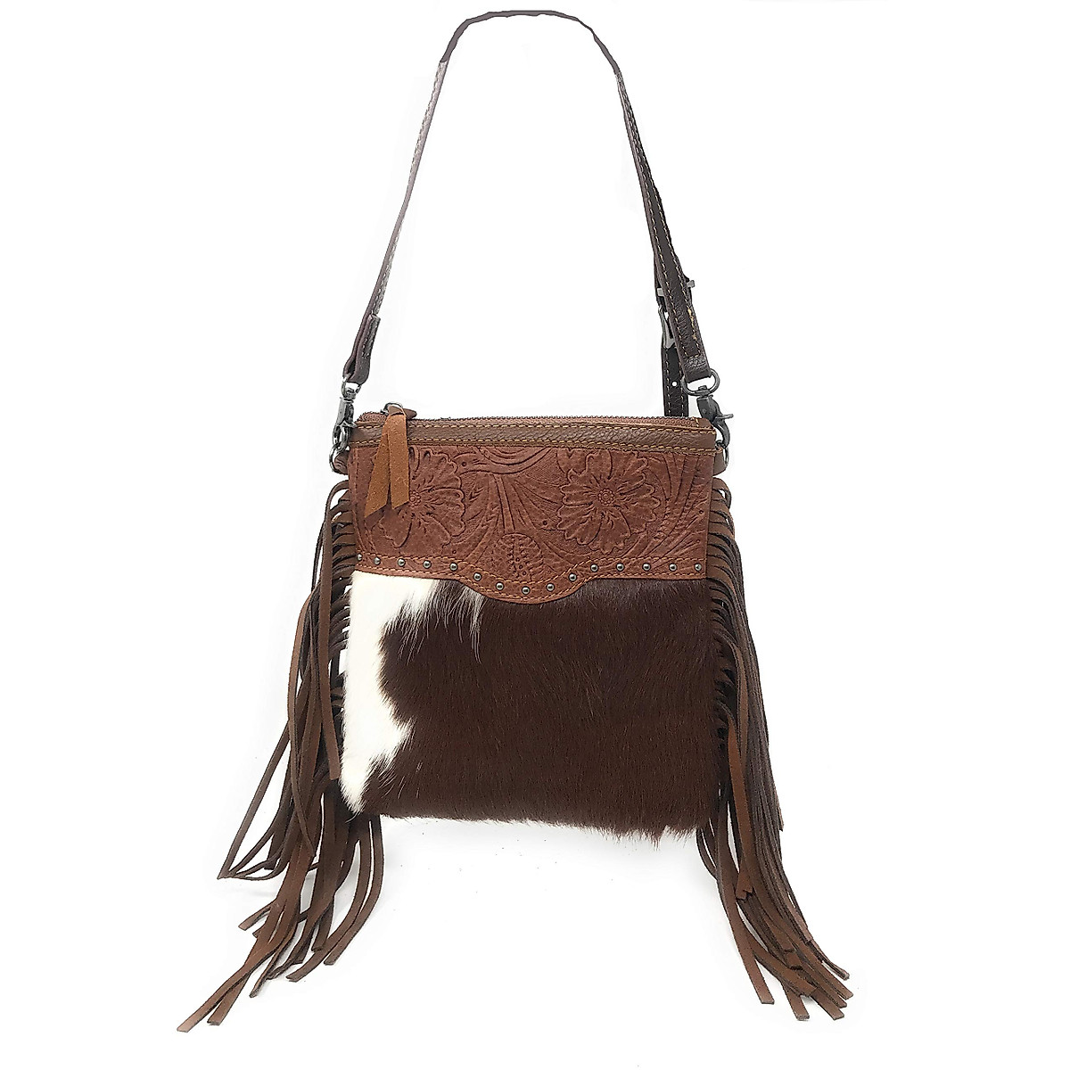 Texas West Handcrafted Genuine Leather Western Cowhide Womens Fringe Clutch Crossbody Bag in 3 Colors (Brown)