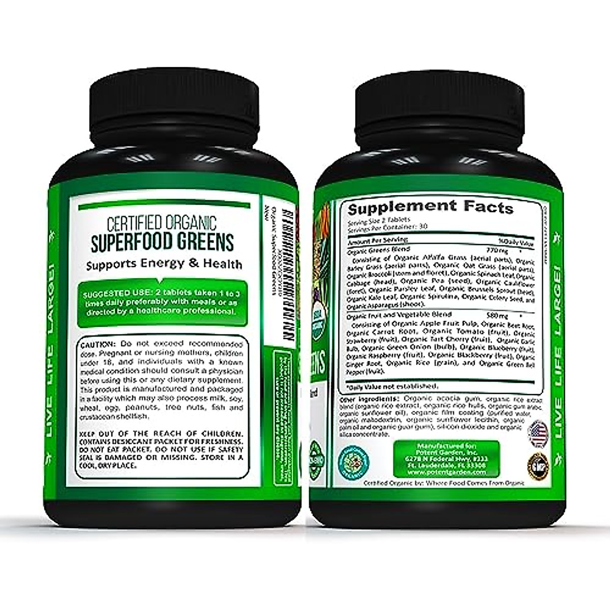 Potent Garden 2-Pack Organic Superfood Greens, Fruit and Veggie Supplement Rich in Vitamins & Antioxidants with Alfalfa, Beet Root & Tart Cherry to Boost Energy, Immunity & Gut Health, 120 Ct