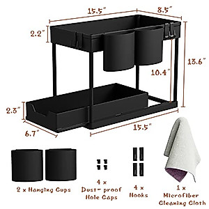 HEVOL Under Sink Organizers and Storage,2 Tier Bathroom Sink Organizer Sliding Drawer with 4 Hooks & 2 Hanging Cups,Multi-purpose Storage Shelf for Kitchen Bathroom Organizer - Send 1 Cleaning Cloth
