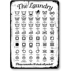 SmartSign Laundry Symbols Wall Art Sign, “Please Remember To Check All Pockets” Vintage Laundry Room Sign, 14 x 10 inch, 40 mil Laminated Rustproof Aluminum, Retro Wall Décor, Black and Rustic White