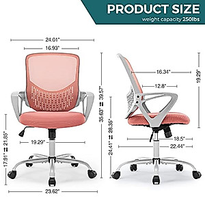 JHK Ergonomic Office Mesh Computer Desk Lumbar Support Armrest, Executive Height Adjustable Mid Back Swivel Task Chair for Adults Women, Pink, Fixed
