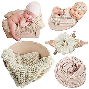 SPOKKI 3 Pcs Newborn Photography Props Outfits Set, Knitted Blanket for Baby Photo Props, Beige Elastic Wrap for Photoshoot, Flower Headband for Infant Boys Girls, Baskets Filler Posing Props