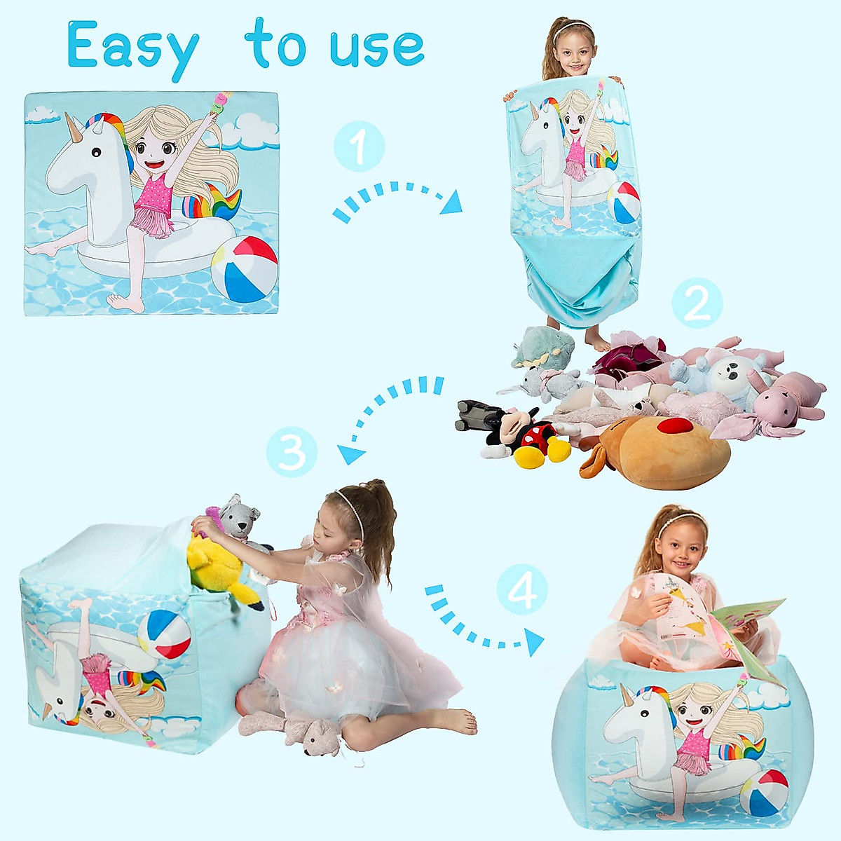 Yoweenton Blue Bean Bag Chair for Girls, Stuffed Animal Storage, Girls Room Decorations, 22"x24" Extra Large,Velvet Extra Soft Cover Only