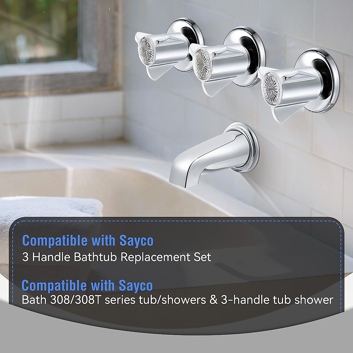 Dreyoo 3 Handle Bathtub Shower Tub Trim Set Compatible with Sayco Bathtub Faucets, 16 tooth Bathroom Shower Faucet Knobs Replacement, Hot, Cold and Diverted Sink Faucet Knobs Replacement Parts