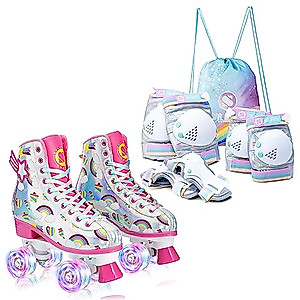 SULIFEEL Rainbow Roller Skates for Kids Size J13 with Adjustable Protective Gear Set Shiny Small