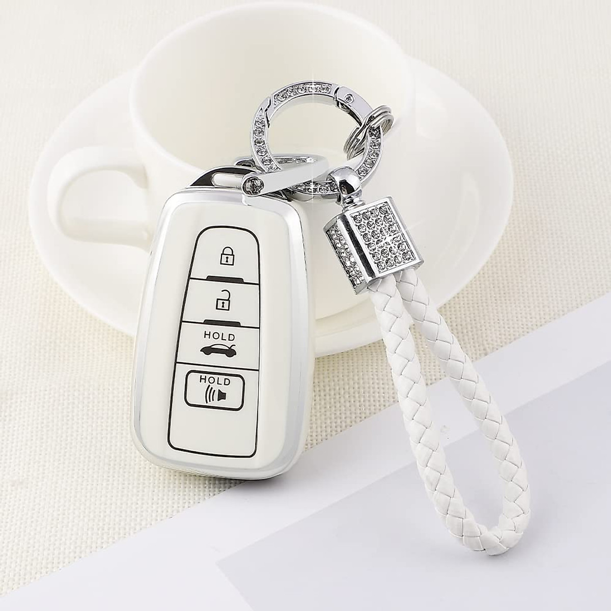 PIFOOG Key Fob Cover for Toyota Camry RAV4 Corolla C-HR Avalon Highlander Prius Smart Keys Case Shell Protector Bling Keychain Accessories 4 Button TPU Girly Women White Silver