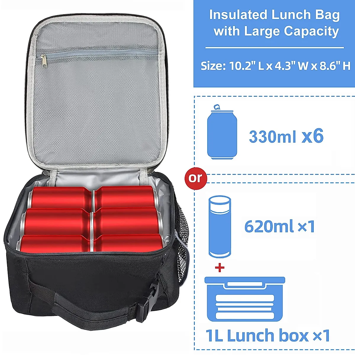 Insulated Lunch Bag, Leakproof Portable Lunch Box for Women Men Boys Girls, Large Capacity Cooler Bag with Handle and Bottle Pocket for Office School Camping Hiking Outdoor Beach Picnic (Black)