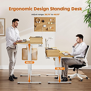 Height Adjustable Electric Standing Desk with Storage Shelf Double Drawer, 40 x 24 Inch Stand up Desk, Sit Stand Desk with Splice Board, Standing Table White Frame/Oak Desktop for Home Office