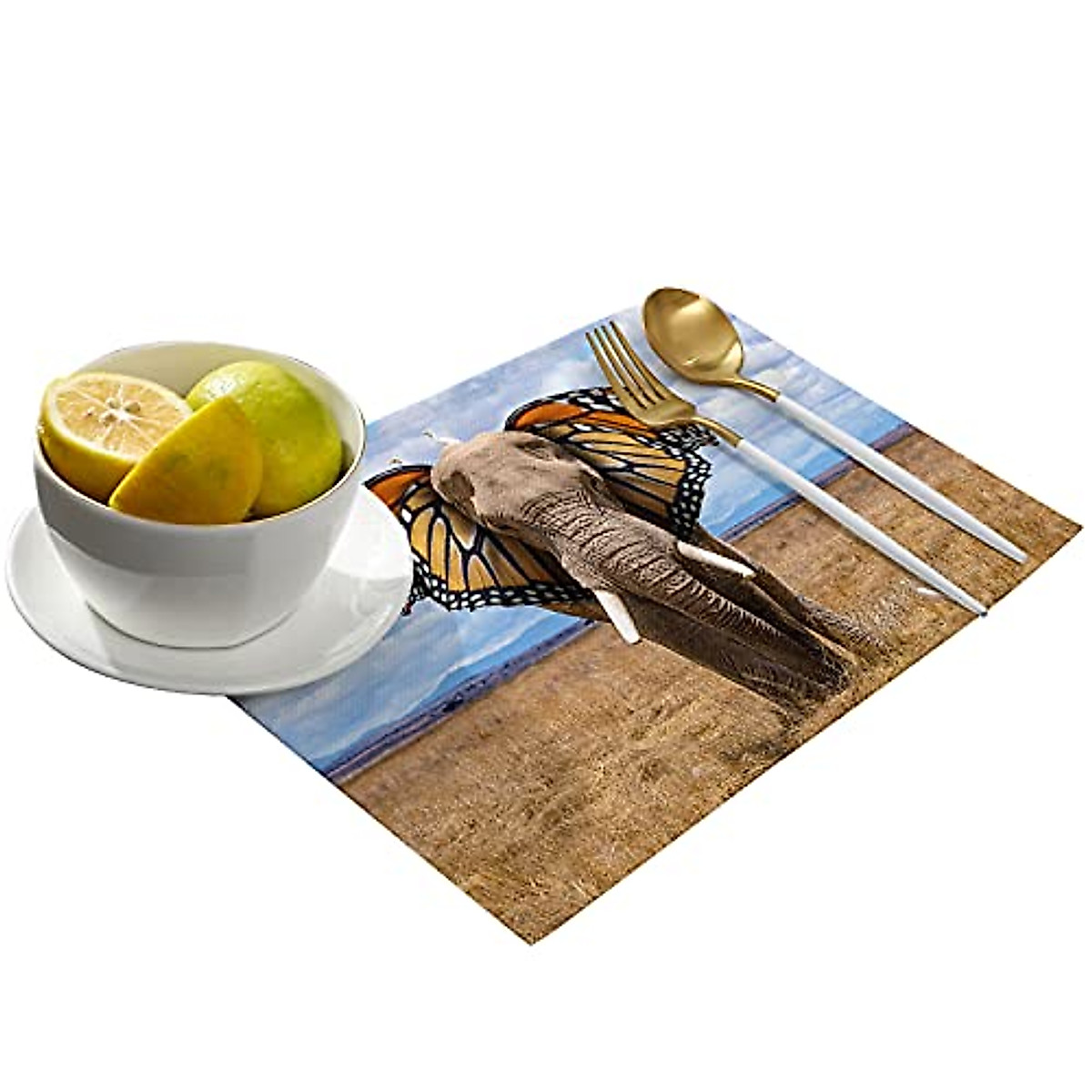 Big buy store Placemats Funny Elephant Butterfly Ears Abstract Fall Meadow Heat-Resistant Washable Place Mats Non Slip, Table Mats for Dinner Table Kitchen Outdoor Weeding Set of 6