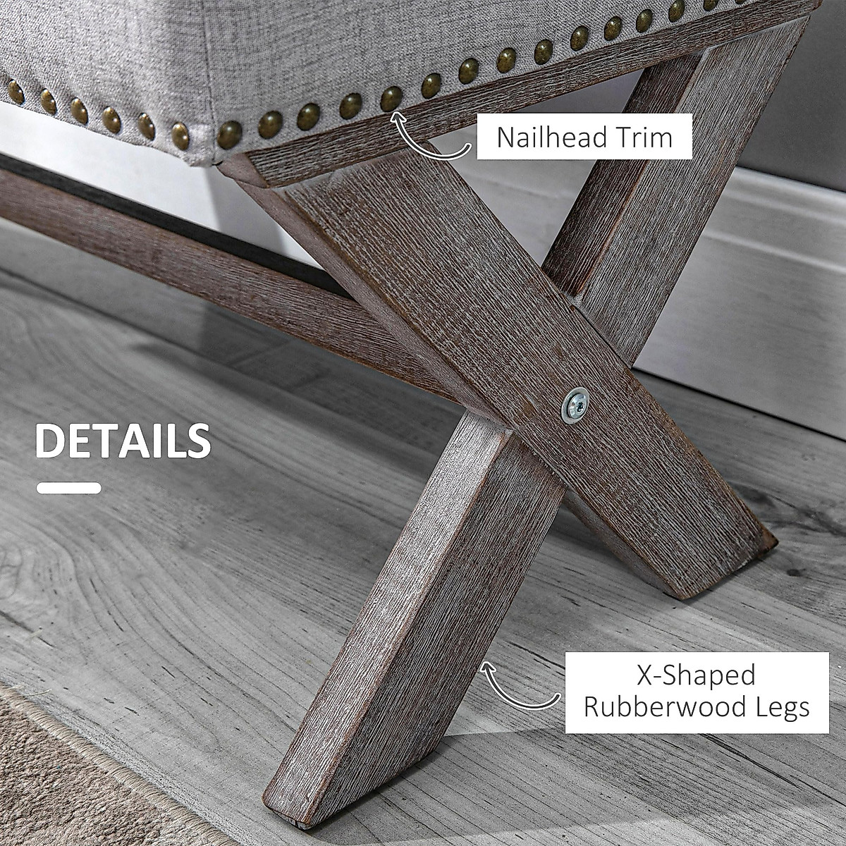 HOMCOM 35.75" Storage Ottoman, Upholstered Storage Bench with Hidden Space, Nailhead Trim and X-Shaped Wood Legs, for Living Room, Entryway, Bedroom, Grey