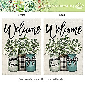 CROWNED BEAUTY Welcome Garden Flag Floral Mason Jar 12x18 Inch Double Sided for Outside Small Buffalo Plaid Burlap Yard Flag CF789-12
