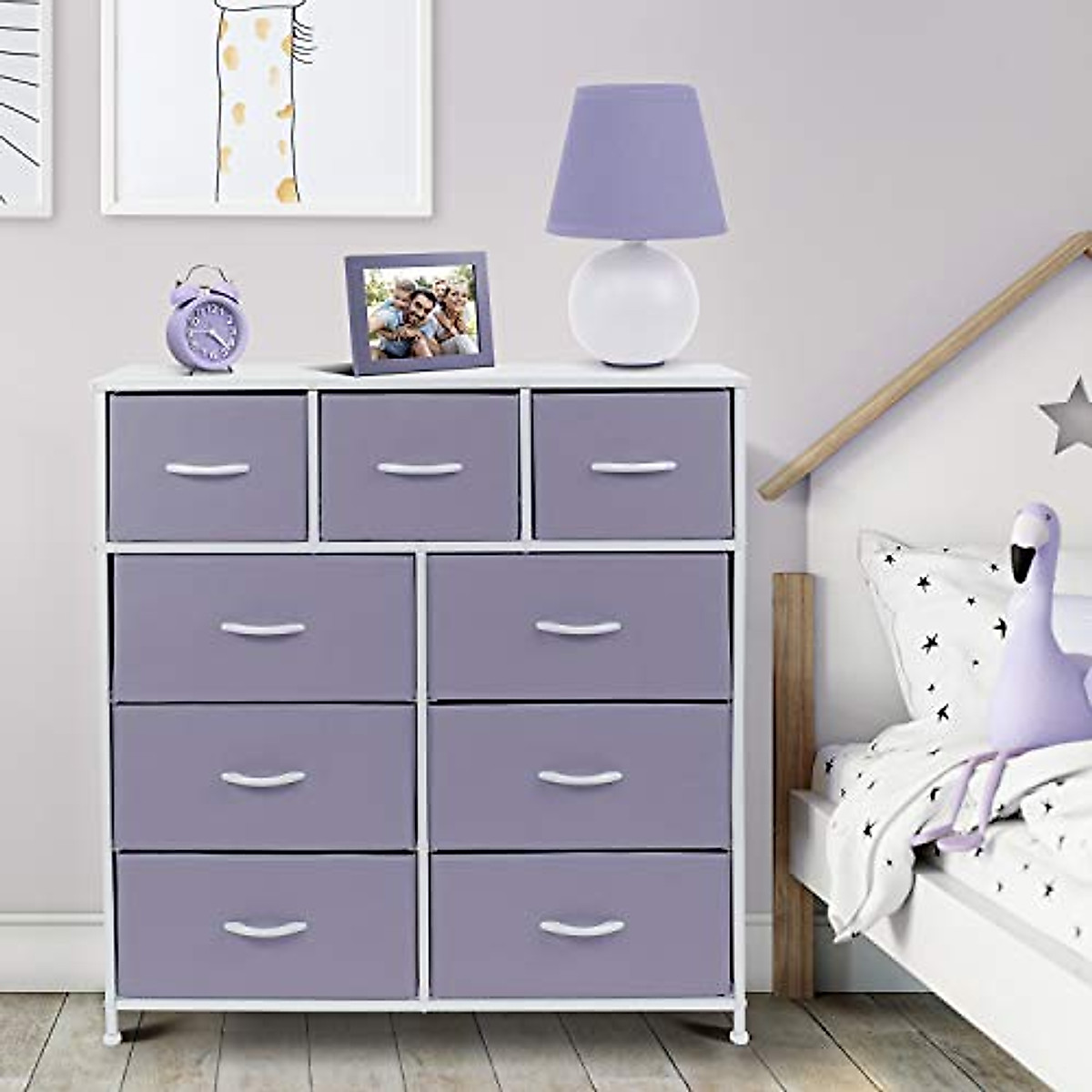 Sorbus Kids Dresser with 9 Drawers - Furniture Storage Chest Tower Unit for Bedroom, Hallway, Closet, Office Organization - Steel Frame, Wood Top, Fabric Bins (Purple, Solid)