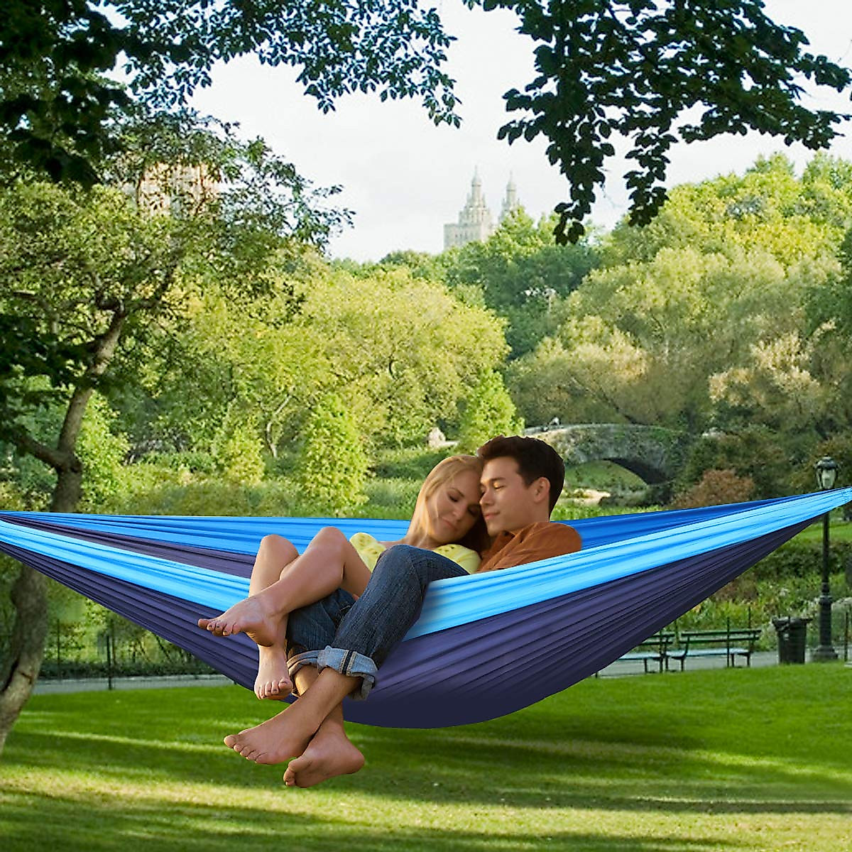 Holarun Camping Hammock Double Portable Hammocks with Lightweight 210T Nylon Parachute, Two Person Hammock Tree Straps for Backpacking, Hiking Gear, Outdoor, Travel, Beach - Navy Blue