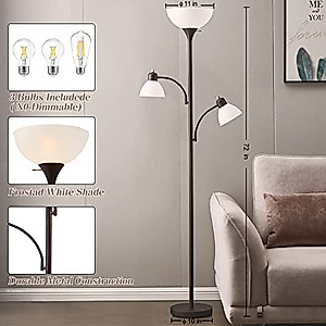 Luvkczc Torchiere Floor Lamps for Living Room with 2 Reading Lamps, Modern Tall Standing Lamps, Industrial Bright Floor Lamp for Bedroom, Office, Dresser, 3 LED Bulbs Included