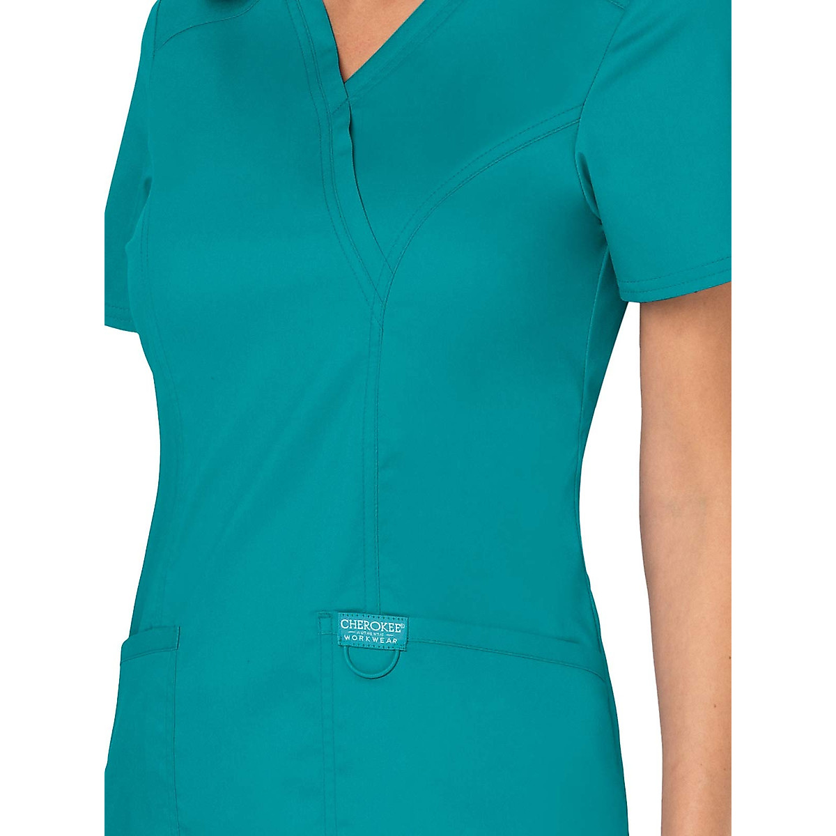 Cherokee Scrubs for Women Mock Wrap Top with 3 Pocket, Back Princess Seams WW610, L, Teal Blue