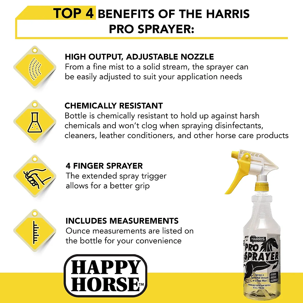 HARRIS Professional Spray Bottle for Horses 32oz (3-Pack), All-Purpose Chemically Resistant with Clear Finish, High Output Pressurized Sprayer, Adjustable Nozzle and Measurements