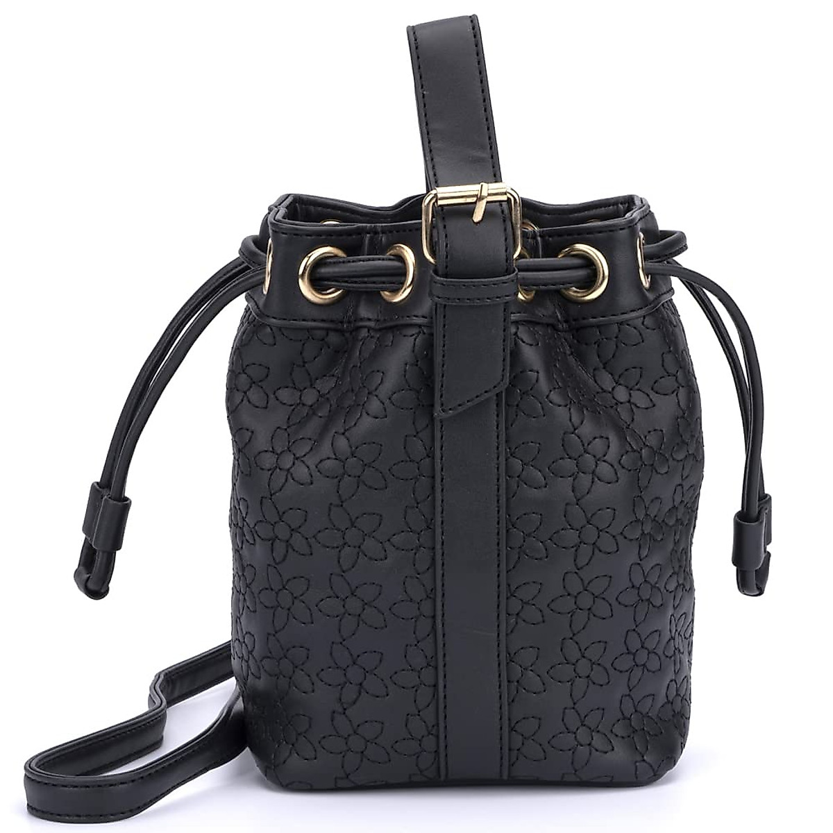 Olivia Miller Women's Fashion Jade Flower Embroidered Faux PU Leather Bucket Black Crossbody Bag w Adjustable Strap Everyday Small Evening Casual Work Purse Handbag
