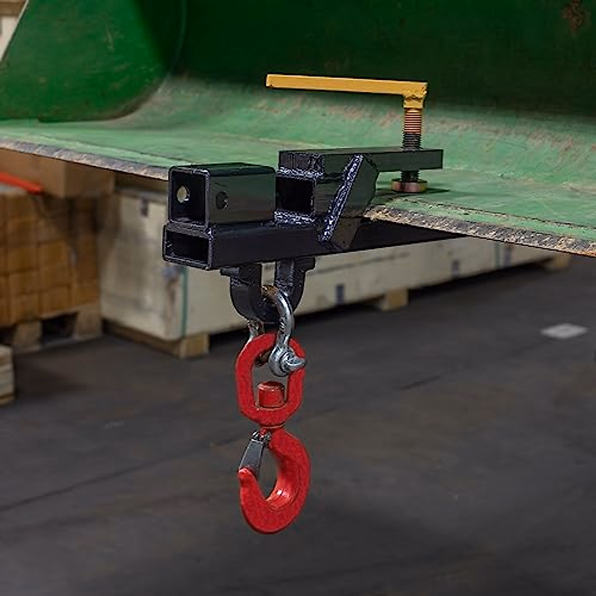 Titan Attachments Clamp-On Tractor Bucket Hitch Receiver Adapter with Chain Hook Lifting Carrying Ring, 2" Receiver Fit, 1100 LB Towing Capacity, Compatible with 2" Front Bucket Lips