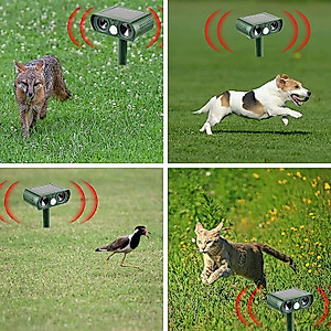 Solar Animal Repeller, Ultrasonic Animal Repellent Defender Cat, Dog, Squirrel, Deer, Fox, Outdoor Animal Deterrent with Motion Sensor and Led Light Alarm, Protect Yards, Lawn Gardens
