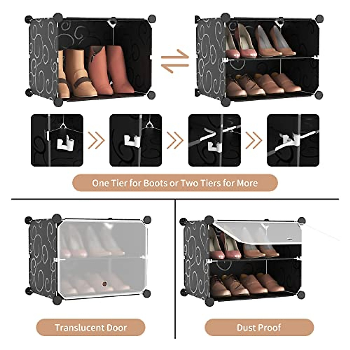ROJASOP Portable Shoe Rack Organizer 8-Tier Shoe Cabinet 48-Pair Shoe Organizer Shoe Storage Expandable Free Standing Stackable Space Shoe Rack with 2 Exclusive Versatile Hooks for Bedroom