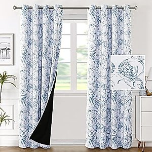 H.VERSAILTEX 100% Blackout Curtains for Bedroom Camellia Floral Blackout Curtains 84 Inches Long Light Blocking Window Treatment Curtains with Black Liner Grommet Thermal Drapes, 2 Panels, Stone Blue