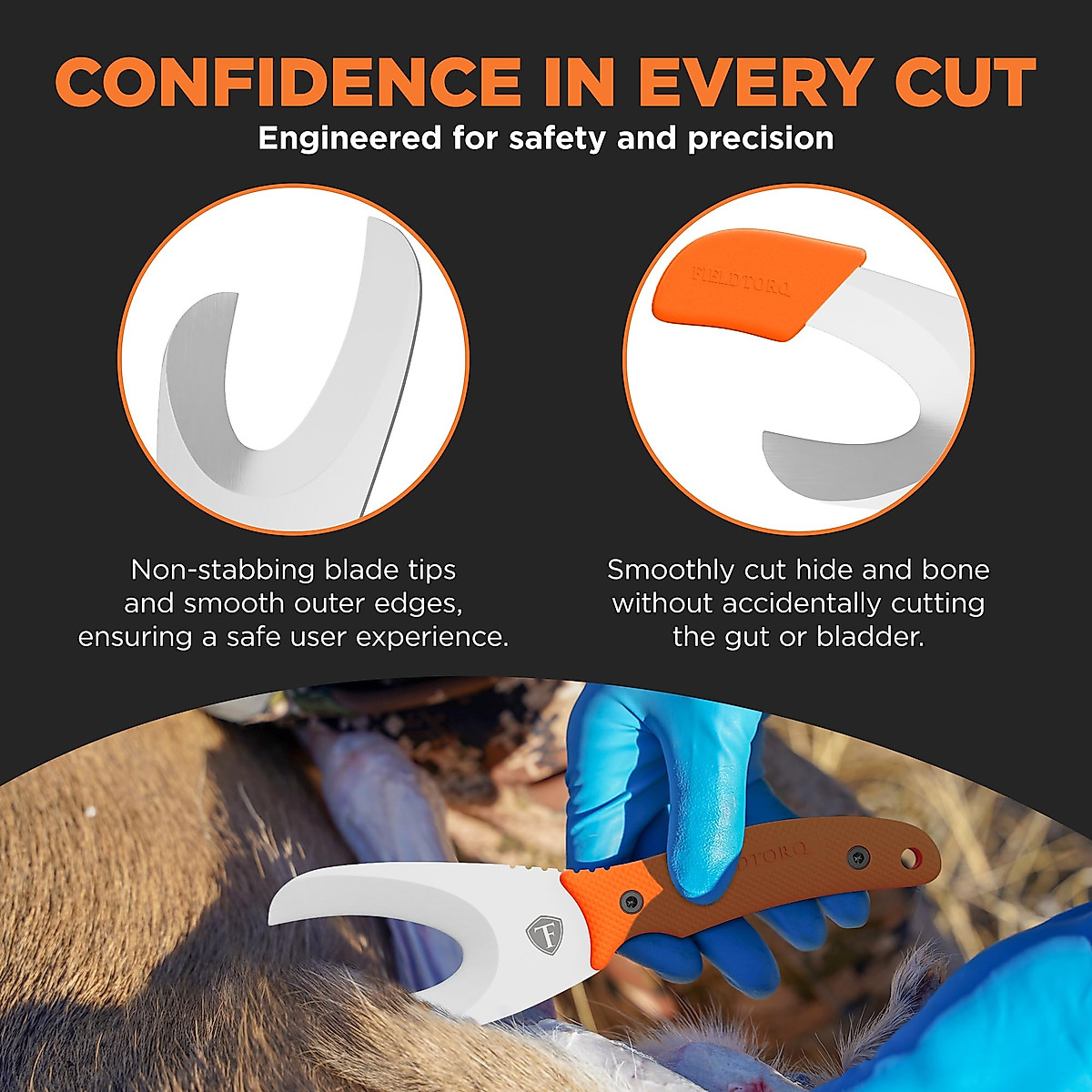 FIELDTORQ Super Tool | 4-in-1 Field Dressing Kit with Sheath & Sharpener | Skinning Knife for Hunting | Gut Hook Knife | Deer Hunting Knife Set