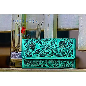 Virginia Handbags Handmade Womens Wallet. Rich and Deep Hand Tooling. (Turquoise)