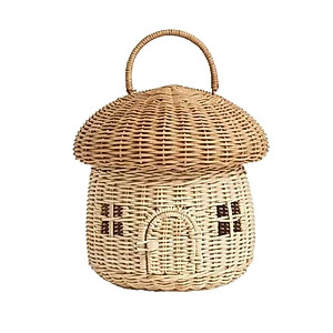DADEA Mushroom Shape Rattan Storage Basket, Decorative Woven Purse with Lid, Wall Hanging Rattan Bag, Summer Bag, Mushroom Basket, Multiple Uses Rattan Purse for Photo Prop Room Decor(Mushroom)