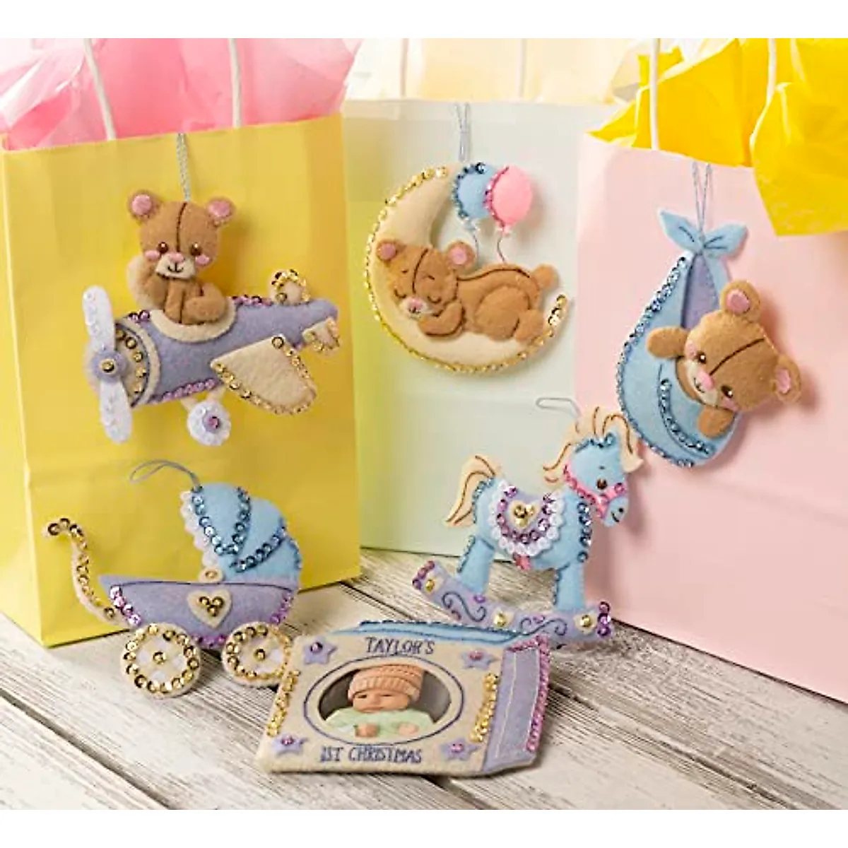 Bucilla Felt Applique 6 Piece Ornament Making Kit, Baby's First Christmas, Perfect for DIY Arts and Crafts, 89567E