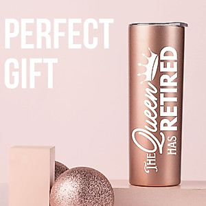 Onebttl Retirement Gifts for Women, Funny Retirement Tumbler 20oz, Retired Gifts for Coworkers, Grandma, Friends - Rose Gold (The Queen Has Retired)