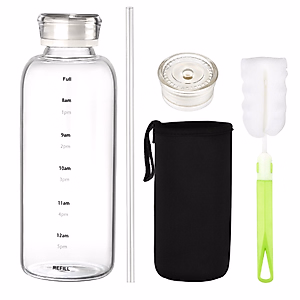 Joeyan 22 oz Glass Water Bottle with Straw and 2 Lids,Drinking Jars with Cleaning Brush Sleeve and Time Marker,Clear Tumbler,Leakproof Iced Coffee Cup,Large Smoothie Boba Tea Glasses,Dishwasher Safe