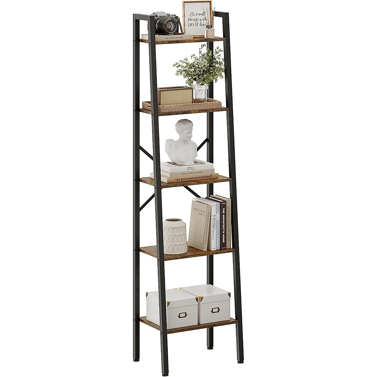 Hoctieon Industrial Ladder Bookshelf, Multifunctional Ladder Shelf, 5-Tier Tall Bookshelf, Open Ladder Shelf Bookcase, for Living Room, Home Office, Kitchen, Bedroom, Metal Frame, Rustic Brown