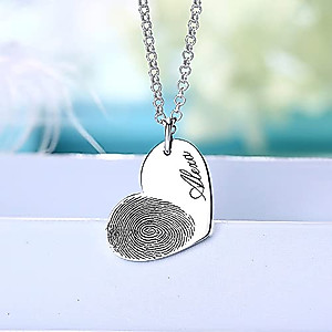 AILIN Custom Heart Fingerprint Necklace Sterling Silver 925 Personalized Father Baby Fingerprint Name Pendant Mother Day Memorial Jewelry Family Anniversary Birthday Gifts For Women Grandmother