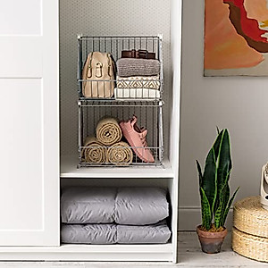 IRIS USA 17" Modular Wire Stacking Storage Basket, Great Storage for Linens, Groceries, Toys, Books, and More, Stackable, Easy Assemble, Multipurpose Home Organizer, Silver