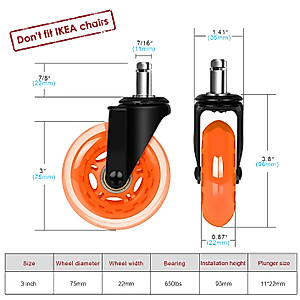 3" Office Chair Caster, Hirate Durable Computer Desk Chair Casters Replacement Set of 5 Heavy Duty Protection for All Floors, Universal Stem 11mm (7/16"x7/8")