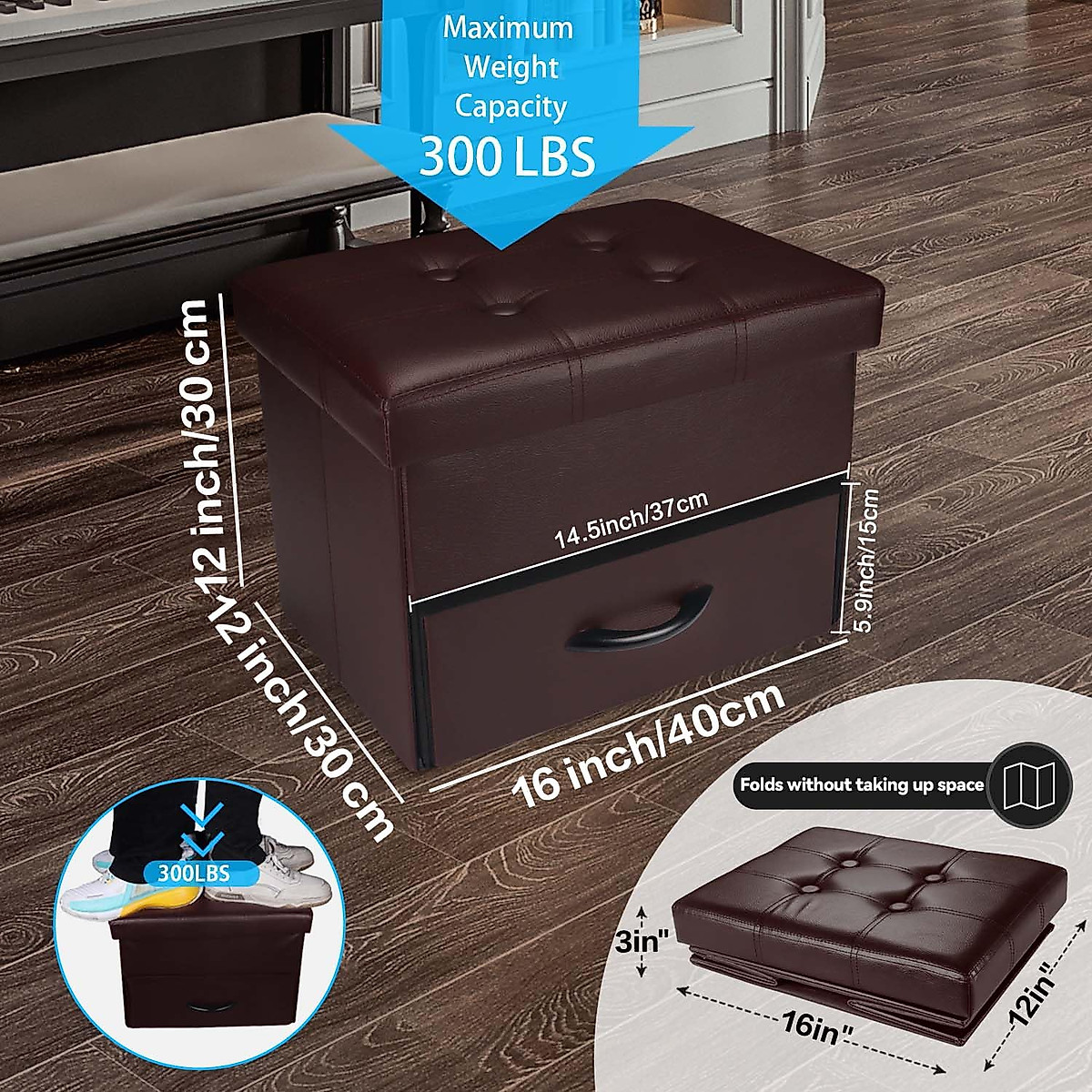 AmasSmile® Storage Ottoman Foot Rest Stool, 16 inch Leather Folding Footstool Bench, Short Ottoman Bench, Storage Foot Rest Store, Books, Records Support 220 lbs, Brown