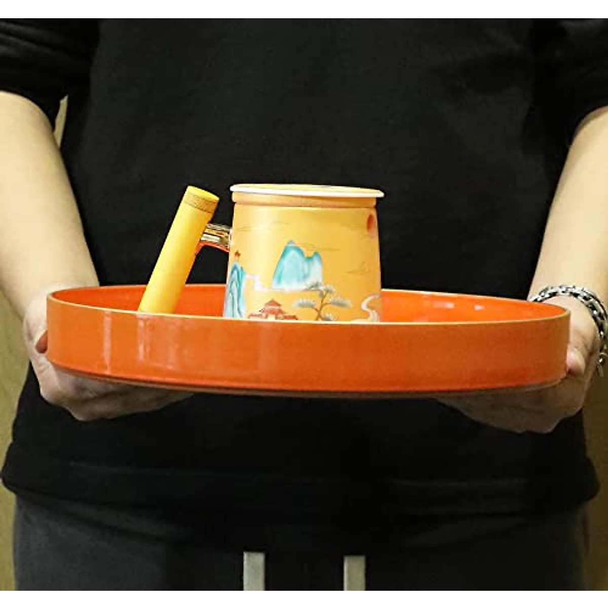 Decorative Tray, Marbling Plastic Tray with Handles, Rectangular Vanity Tray and Serving Tray for Bathroom, Kitchen, Ottoman and Coffee Table (Round Set, Orange)