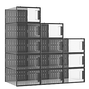 Pinkpum Shoe Organizer Storage Boxes for Closet, Clear Plastic Stackable Sneaker Storage Containers Bins with Lids, Clear Shoe Case Containers, Black, 12 Pack
