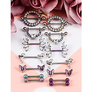 Cisyozi 14G Nipple Piercing Jewelry Nipple Rings for Women Purple Stainless Surgical Steel Nipple Shield Nipplerings Ring Barbell Bar Body Piercing Jewelry for Women 14mm