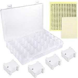 Caydo 36 Grids Plastic Embroidery Floss Cross Stitch Organizer Box with 124 Hard Plastic Floss Bobbins, 552 Floss Number Stickers and 165Blank Stickers(Full Set)