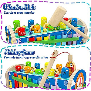 SILERUR 8 in 1 Wooden Montessori Toys for 1 2 3 4 Year Old Boys Girls Whack a Mole Game Hammering and Pounding Toys with Xylophone Fishing Game Toddlers Educational Developmental Learning Toys Gifts