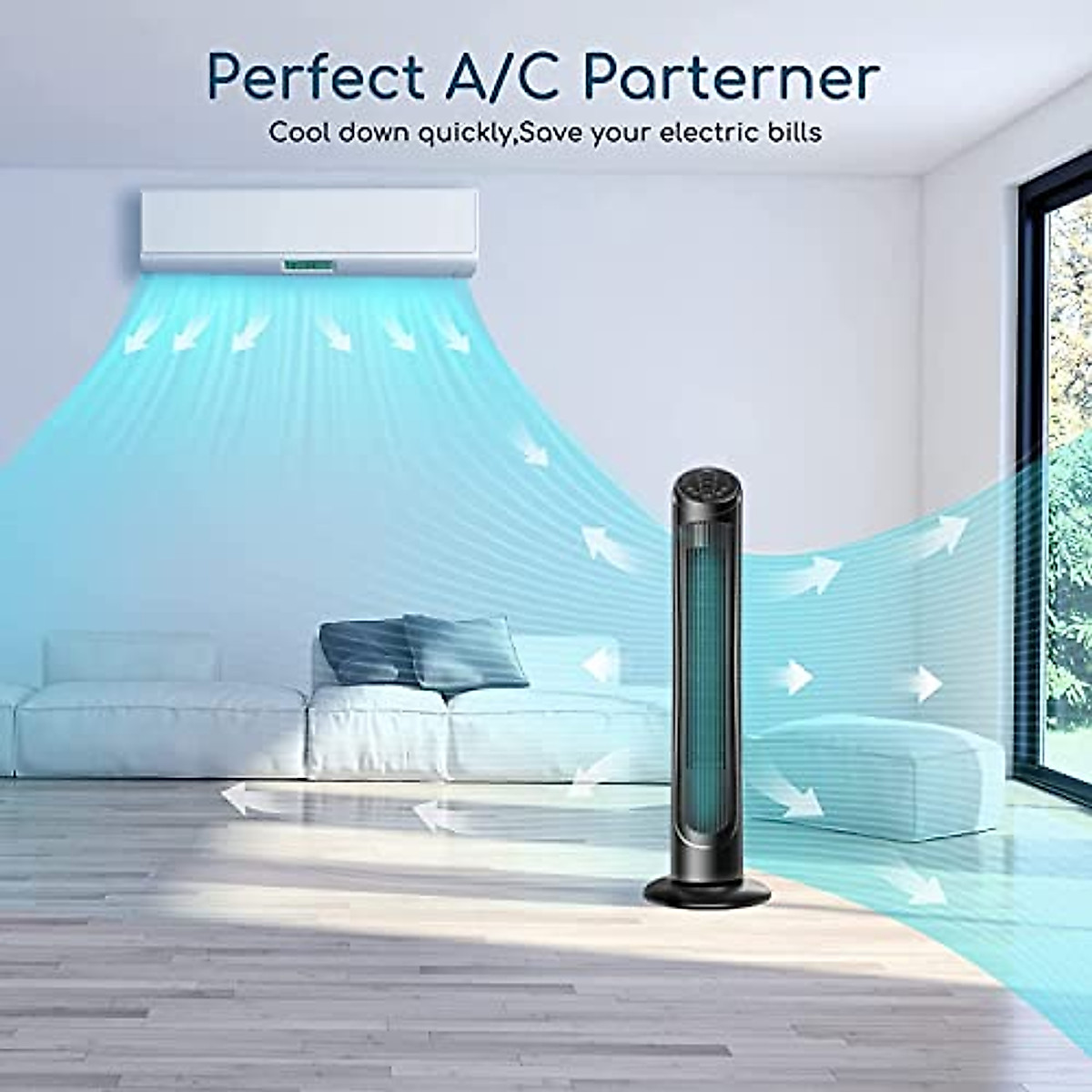 Tower Fan, 40“ Oscillating Tower Fan with Remote Control, Electric Quiet Cooling Bladeless Fan 3 Wind Modes & Speeds, 7.5H Timer, Standing Floor Fan Portable for Home Bedroom Office, Black, Windy