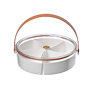 WOWZILLA Round Divided Serving Tray with Lid and Handle, Portable Snackle Box Container with 5 Compartment Trays for Fruit, Veggies, Snacks and Nuts, To Go Snack Container for Travel, Camping, Picnic