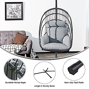 Giantex Egg Chair Hammock Stand - Hanging Swing with Stand, Folding Swinging Chair with Soft Cushion & Pillow, Wicker Rattan Hanging Chair for Bedroom,Garden, Patio Foldable Hammock Chair (Grey)