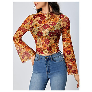 Verdusa Women's Bell Sleeve Lettuce Trim Mock Neck Floral Mesh Top Crop T Shirt Orange L