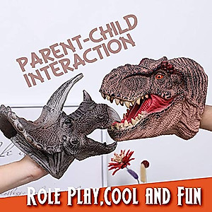Liberty Imports 2 Pack Dinosaur Hand Puppets | Realistic Soft Rubber Tyrannosaurus Rex & Triceratops Hand Puppet Toys Set for Kids Adults Imaginative Play
