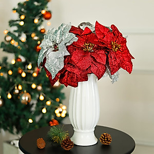 Nubry 10pcs Artificial Poinsettia Flower Heads with 2pcs Stems Fake Red Christmast Decoration Faux Flowers Bouquet for Christmas Tree Home Garden Decor (5-Red-11in)