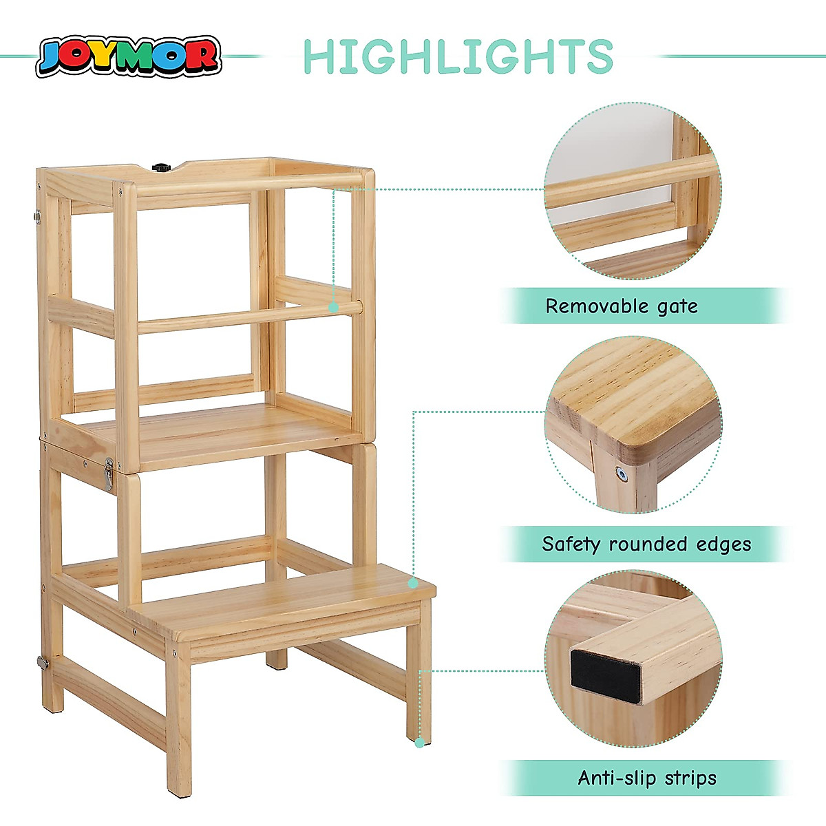 JOYMOR Kids Kitchen Standing Tower with Safety Rail, Chalkboard, Children Learning Step Tower for Kitchen Counter, Mothers' Helper (Natural)